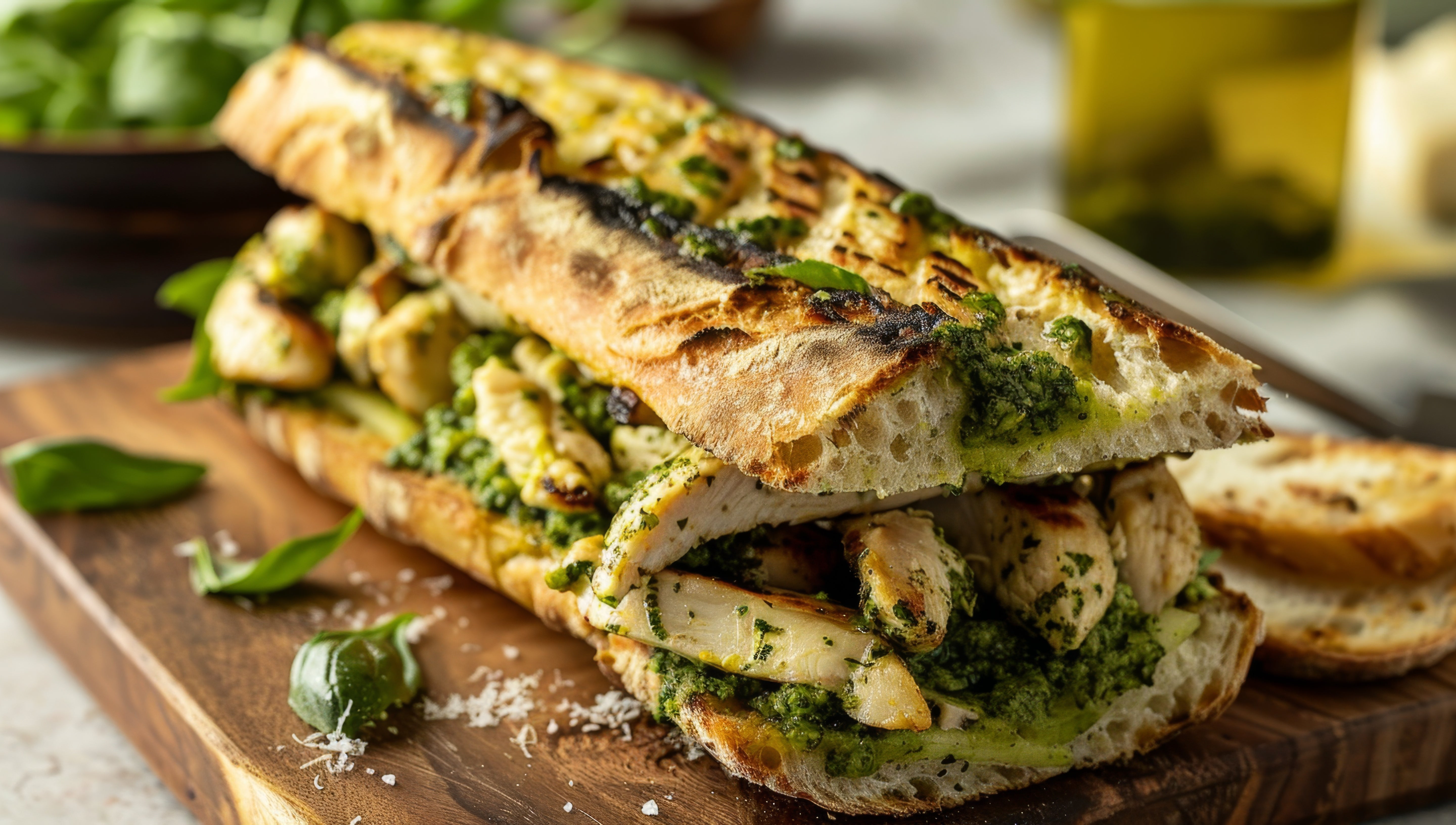 Bocadillo de pollo con pesto y rúcula | Aceites Abril